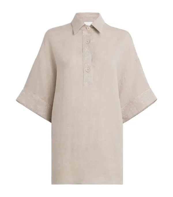 Eleventy Linen Embroidered Collared Shirt