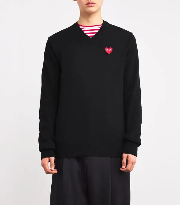 Play Comme Des Garcon Wool V-neck Sweater With Heart Applique - Black