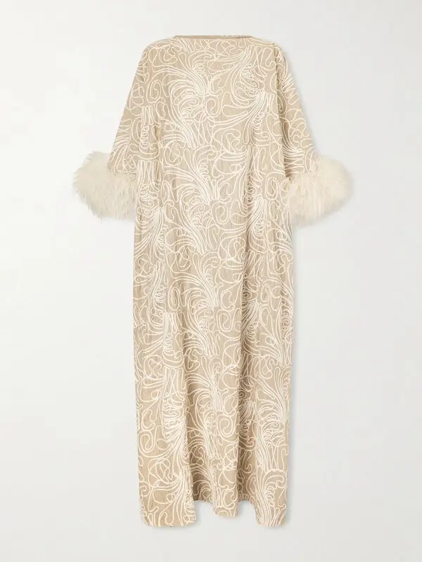 DIMA AYAD Feather-trimmed Embroidered Crepe Gown