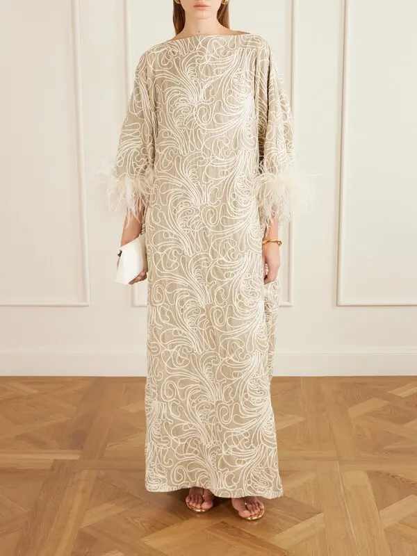 DIMA AYAD Feather-trimmed Embroidered Crepe Gown