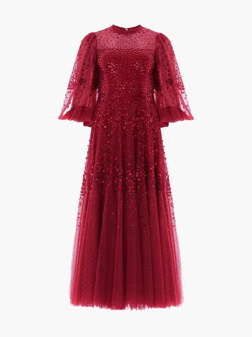 NEEDLE & THREAD Scallop Sequin Maxi Dress - Red
