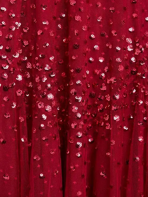 NEEDLE & THREAD Scallop Sequin Maxi Dress - Red