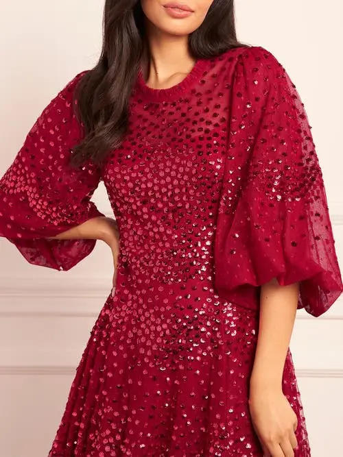 NEEDLE & THREAD Scallop Sequin Maxi Dress - Red