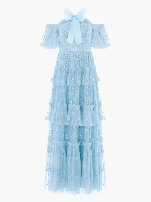 NEEDLE & THREAD Primrose Tiered Maxi Gown With Floral Embroidery And Bow Detail - Aqua