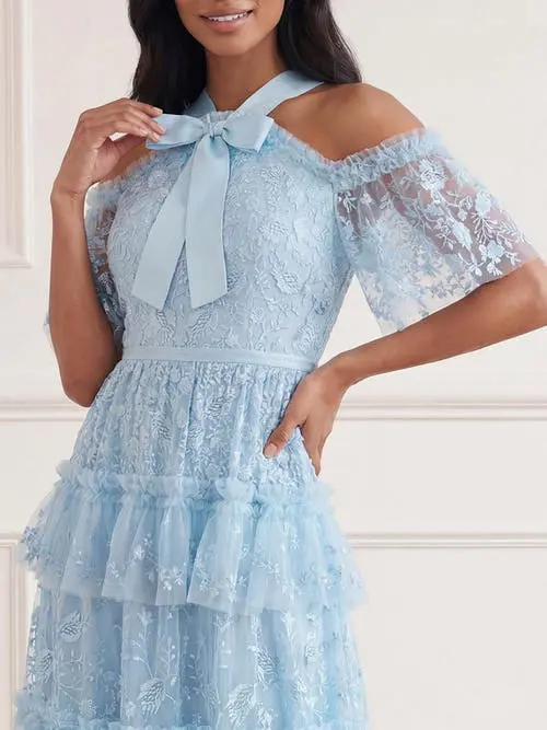 NEEDLE & THREAD Primrose Tiered Maxi Gown With Floral Embroidery And Bow Detail - Aqua