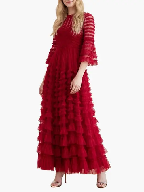 NEEDLE & THREAD La Vie En Rose Round Neck Gown - Deep Red