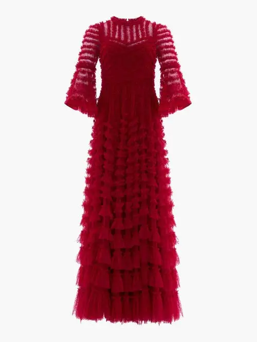 NEEDLE & THREAD La Vie En Rose Round Neck Gown - Deep Red