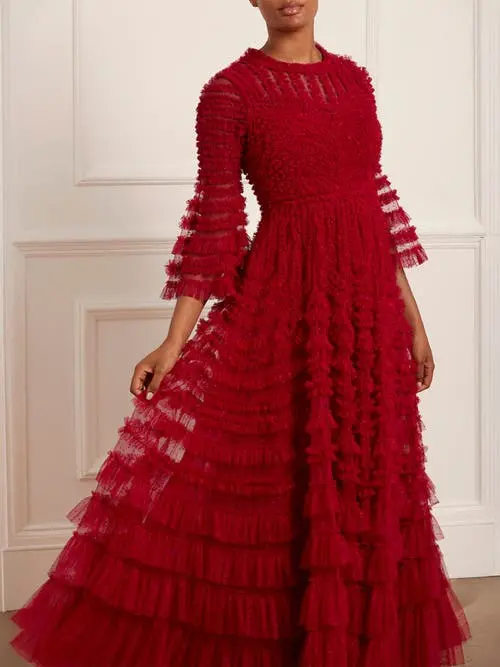 NEEDLE & THREAD La Vie En Rose Round Neck Gown - Deep Red