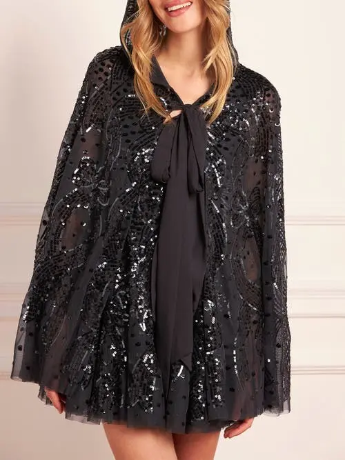NEEDLE & THREAD Sequin Ribbon Hooded Cape