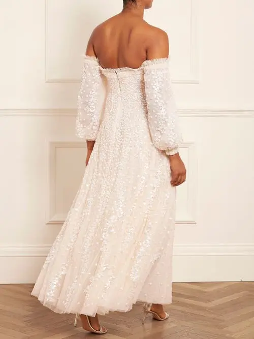 NEEDLE & THREAD Sequin Embellished Off-shoulder Gown