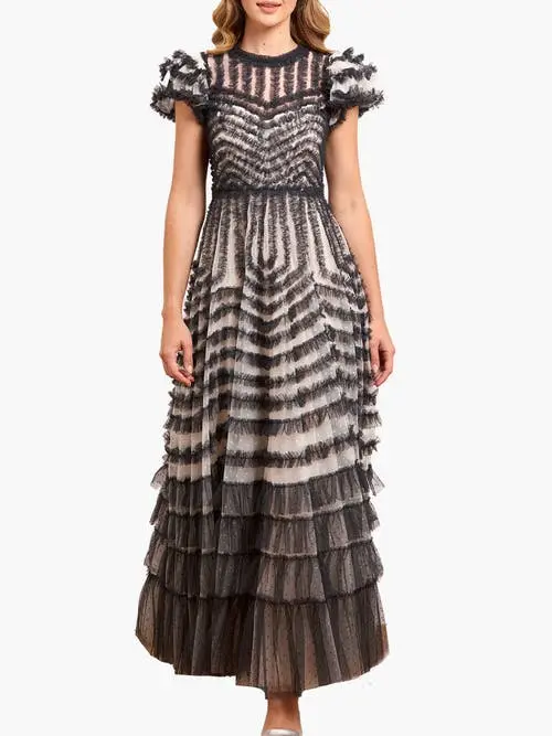 NEEDLE & THREAD La Vie En Rose Round Neck Gown - Cream/graphite