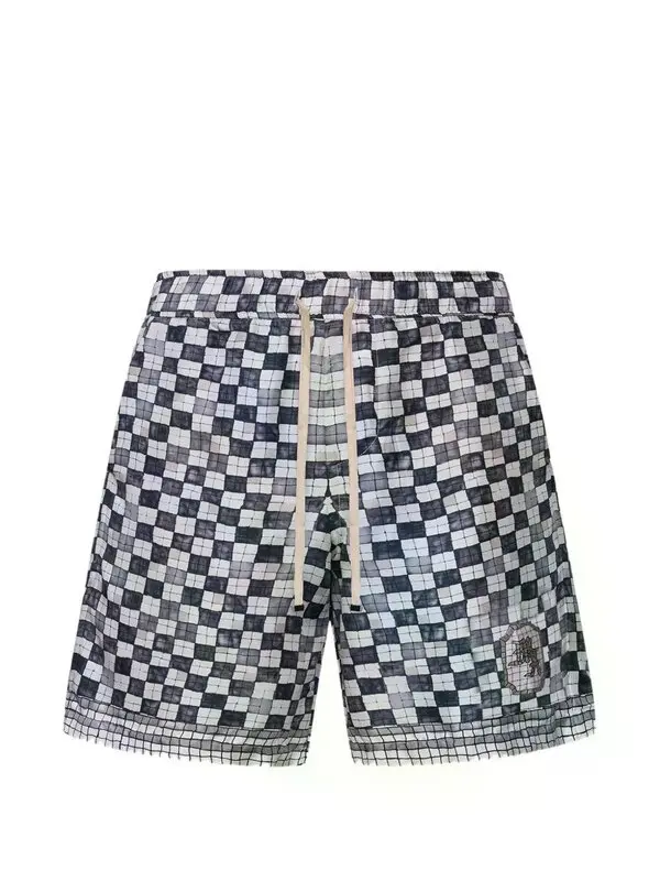 Amiri Watercolor Checkered Silk Drawstring Shorts - Blue