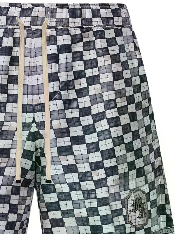 Amiri Watercolor Checkered Silk Drawstring Shorts - Blue