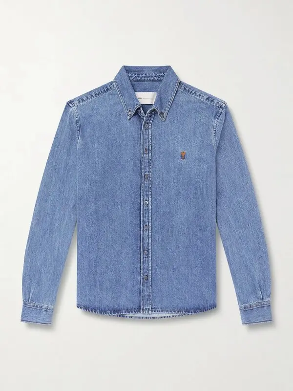 AMI Paris Button-down Collar Logo-embroidered Denim Shirt