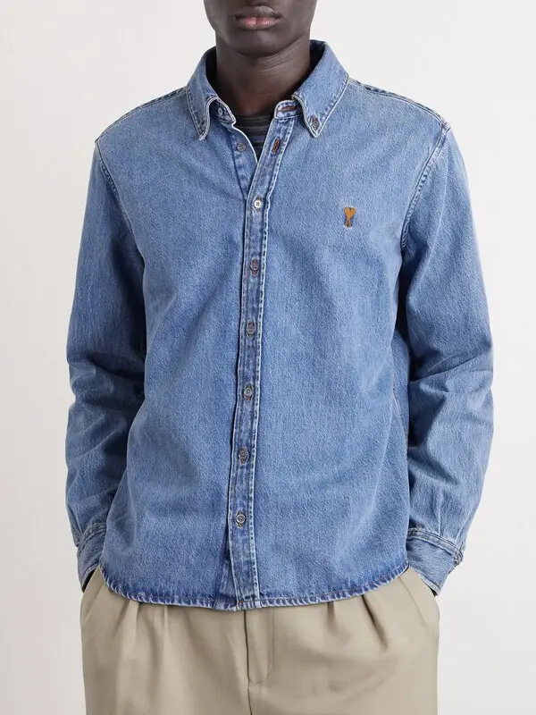 AMI Paris Button-down Collar Logo-embroidered Denim Shirt