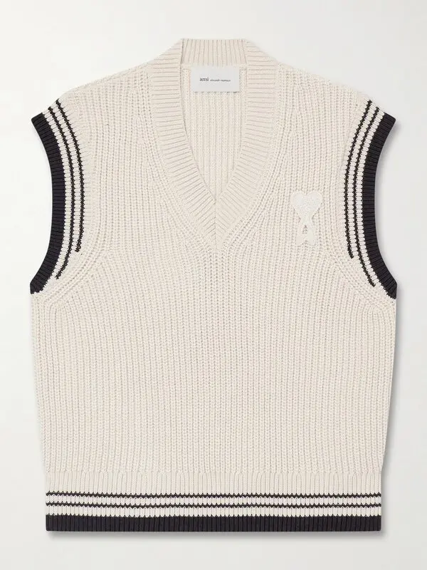 Ami Logo-appliquéd Striped Ribbed Wool And Cotton-blend Vest - White