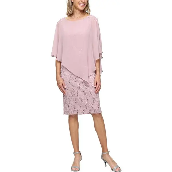 SL FASHIONS Chiffon Capelet Floral Lace Cocktail Dress - Blush