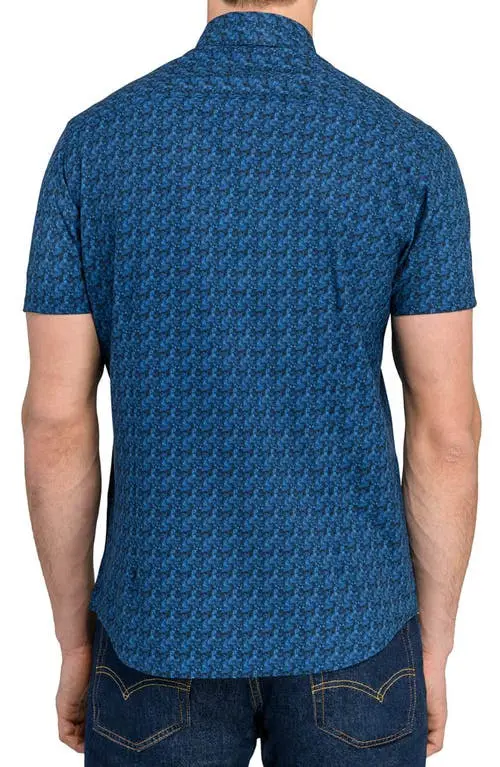 W.R.K Basic Slim Fit Abstract Blur Short Sleeve Performance Button-up Shirt - Blue