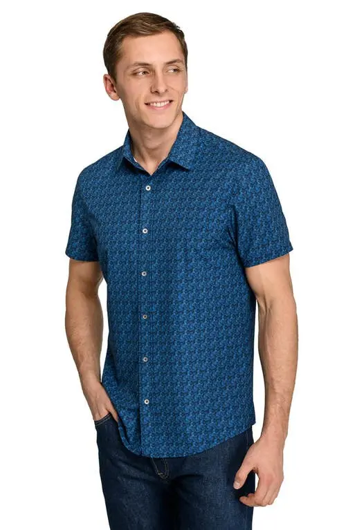 W.R.K Basic Slim Fit Abstract Blur Short Sleeve Performance Button-up Shirt - Blue