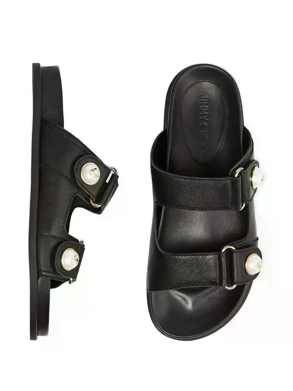 JIMMY CHOO Fayence Leather Flat Sandals With Pearl Embellishment - Black