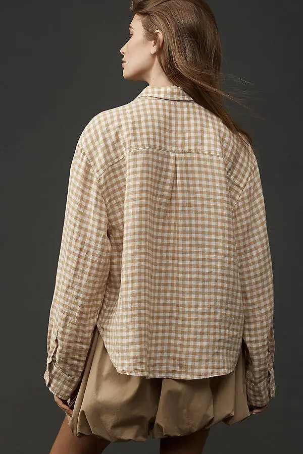 Maeve Shrunken Bennet 100% Len Buttondown Shirt - Khaki Gingham