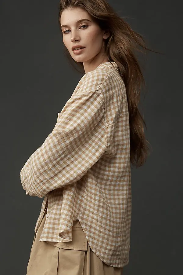 Maeve Shrunken Bennet 100% Len Buttondown Shirt - Khaki Gingham