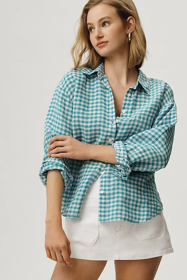 Maeve Shrunken Bennet 100% Linen Buttondown Shirt - Turquoise Gingham