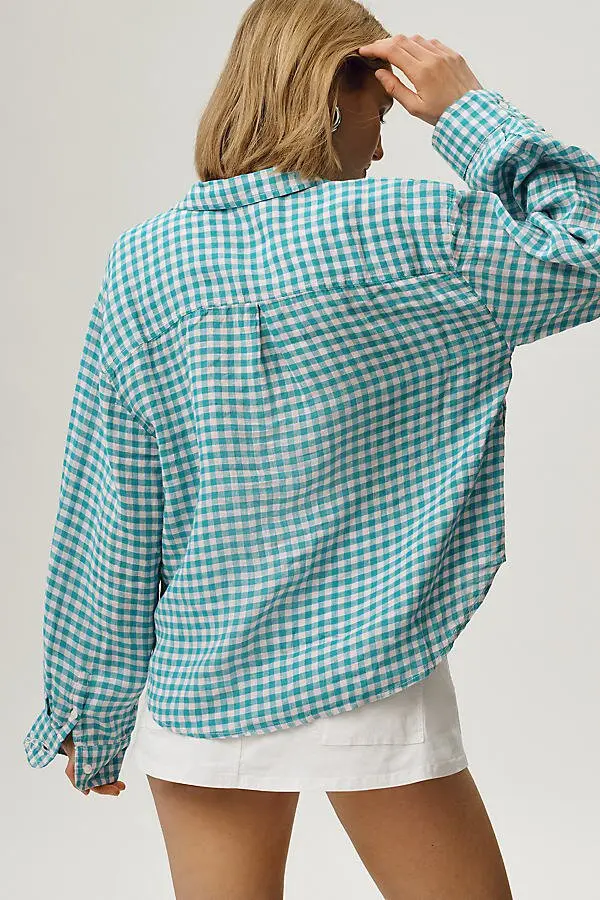 Maeve Shrunken Bennet 100% Linen Buttondown Shirt - Turquoise Gingham