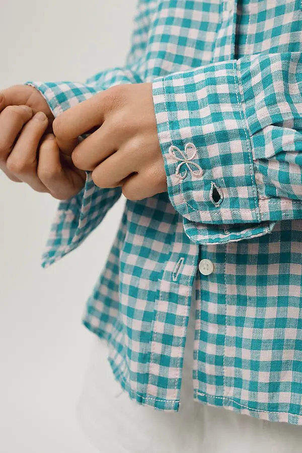 Maeve Shrunken Bennet 100% Linen Buttondown Shirt - Turquoise Gingham