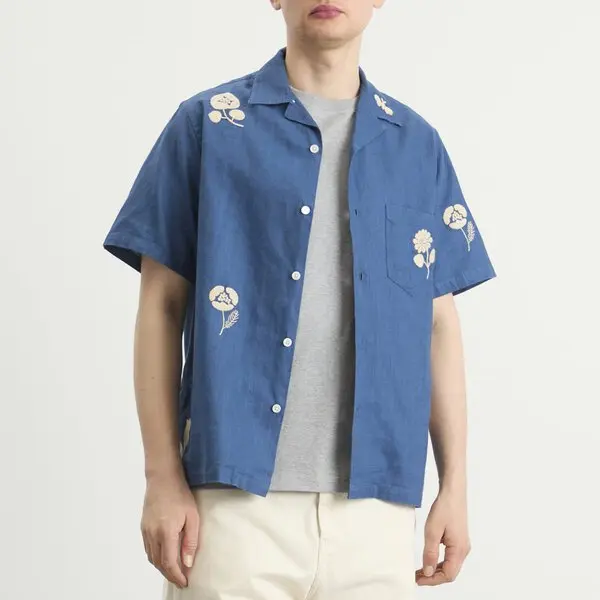 Portuguese Flannel Embroidery Nature Ramie Vacation Shirt - Blue