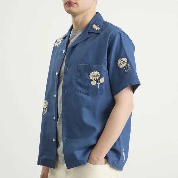 Portuguese Flannel Embroidery Nature Ramie Vacation Shirt - Blue