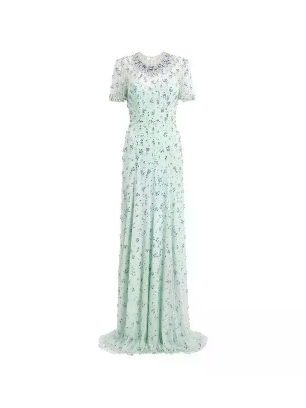 Jenny Packham Beaded Short Sleeve Maxi Dress - Blue