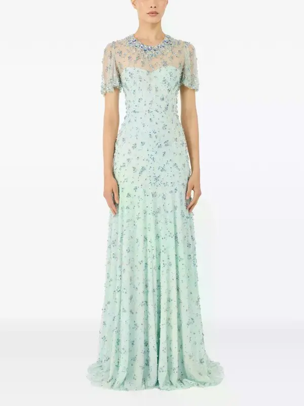Jenny Packham Beaded Short Sleeve Maxi Dress - Blue