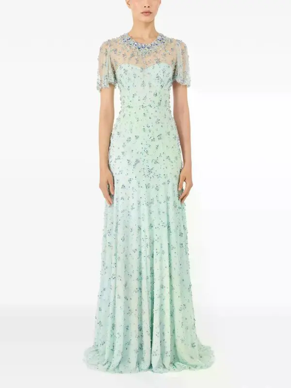Jenny Packham Beaded Short Sleeve Maxi Dress - Blue