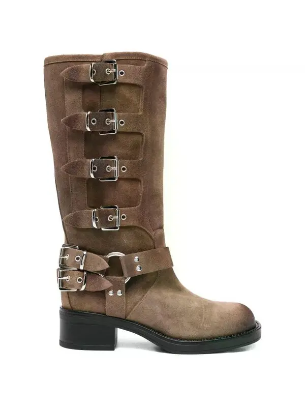 GISEL MOIRE Buckle-strap Square-toe Boots - Brown