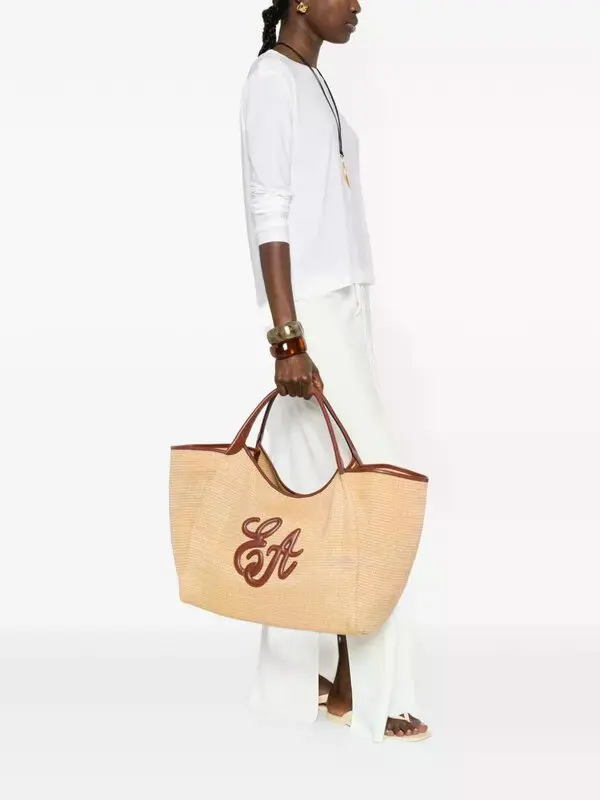 Emporio Armani Embroidered Raffia Shoulder Bag - Neutrals