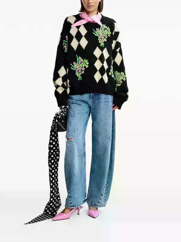 Essentiel Antwerp Floral Embellished Check Pattern Sweater