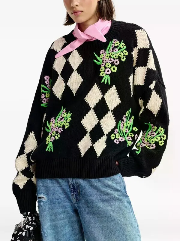Essentiel Antwerp Floral Embellished Check Pattern Sweater