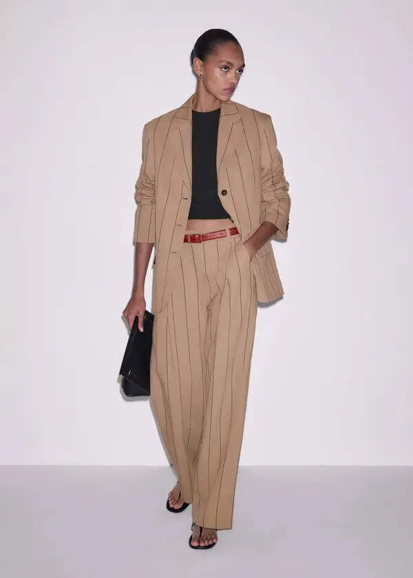 ME+EM Pinstripe Notched Lapel Blazer - Tan/black