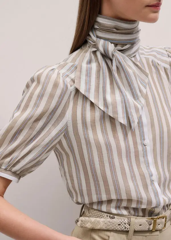 ME+EM Striped Tie-neck Blouse - Brown Multi