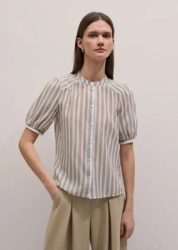 ME+EM Striped Tie-neck Blouse - Brown Multi