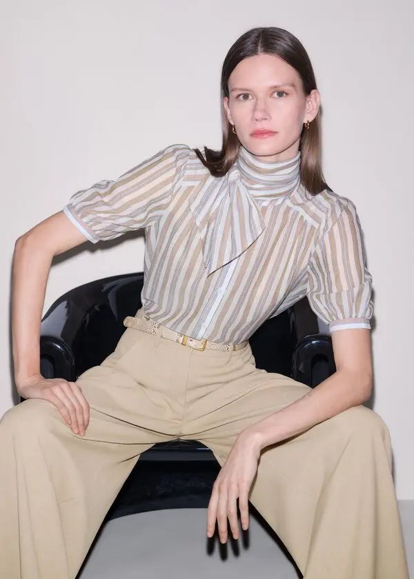 ME+EM Striped Tie-neck Blouse - Brown Multi