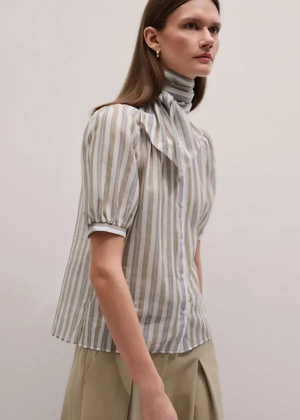 ME+EM Striped Tie-neck Blouse - Brown Multi
