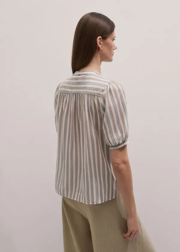 ME+EM Striped Tie-neck Blouse - Brown Multi