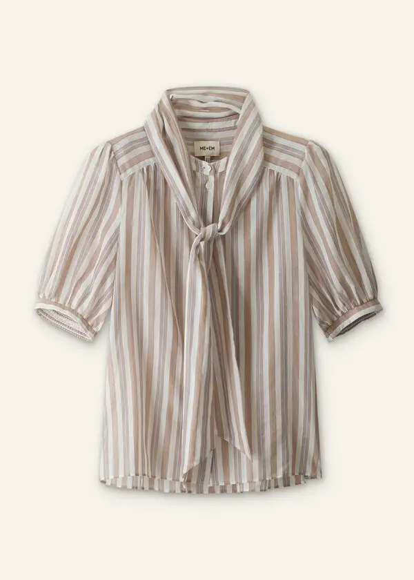 ME+EM Striped Tie-neck Blouse - Brown Multi