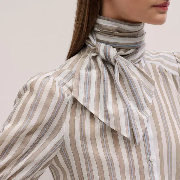 ME+EM Striped Tie-neck Blouse - Brown Multi