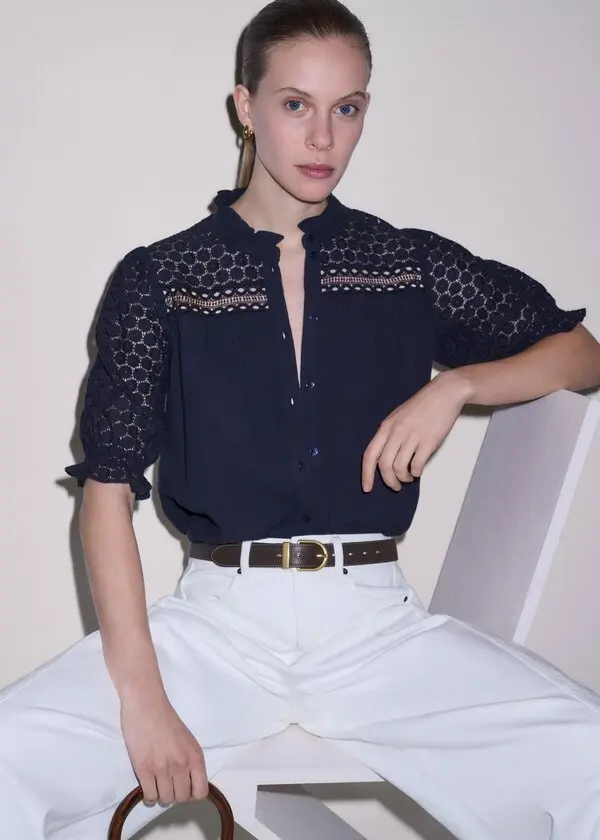 ME+EM Cheesecloth And Lace Detail Blouse - Navy