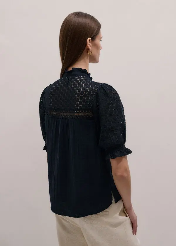 ME+EM Cheesecloth And Lace Detail Blouse - Navy