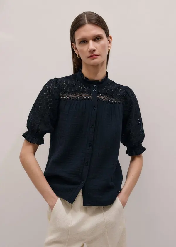 ME+EM Cheesecloth And Lace Detail Blouse - Navy