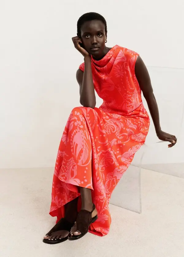 ME+EM Stylised Silhouette Print Bias Cut Full Length Dress